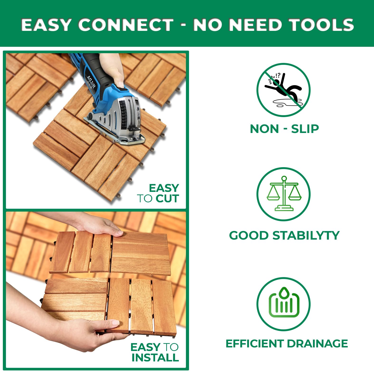 Acacia Deck Tiles (Pack of 10) - Hardwood Interlocking Patio Tiles, Outdoor Waterproof All Weather