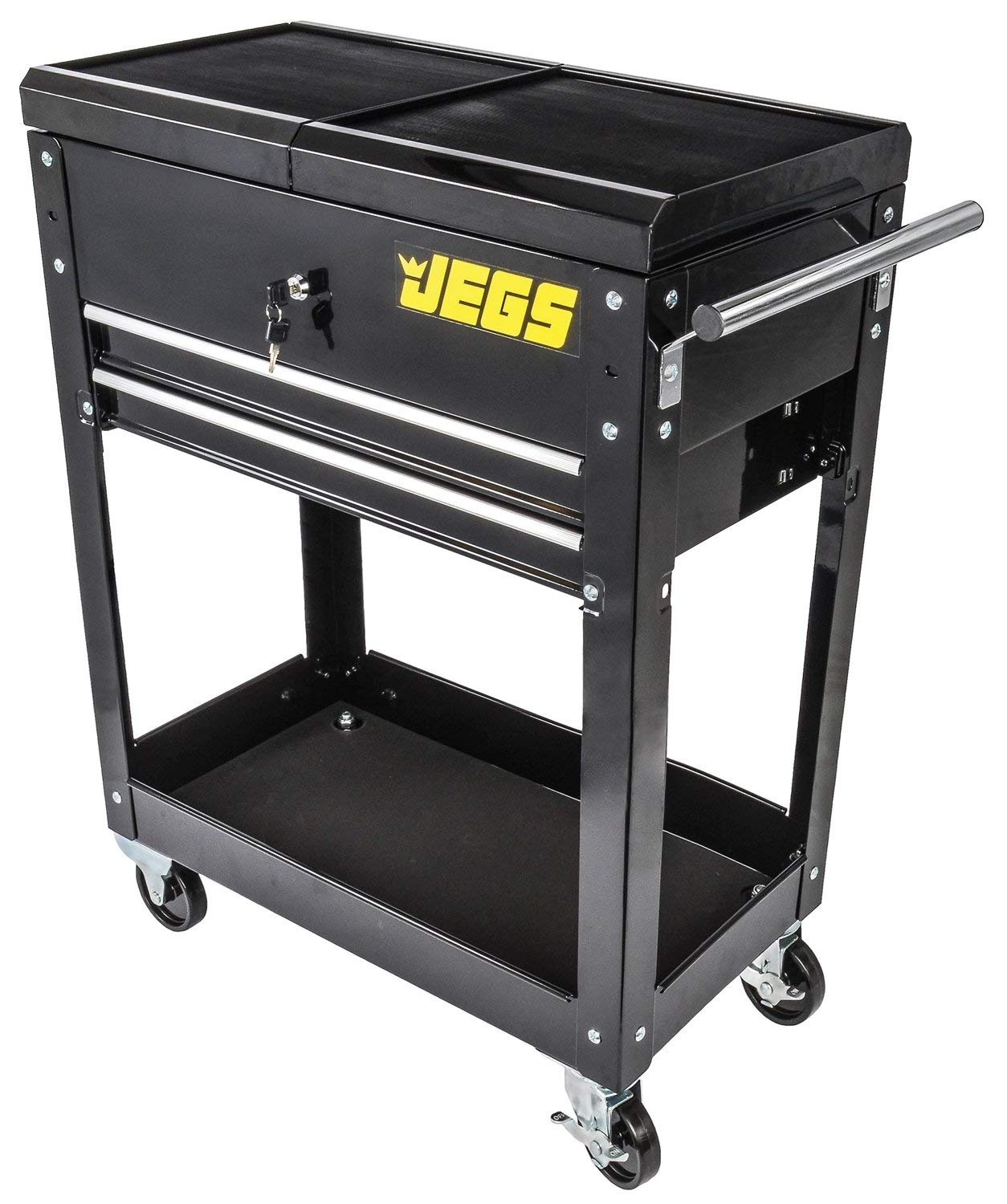 JEGS Heavy-Duty Tool Box Cart | 220 LBS Capacity | Uses Four 4” Caster Wheels | Includes 2 Keyes and 6 Drawer Liners | Black with JEGS Logo | 2 Locking Drawers | Sliding Top