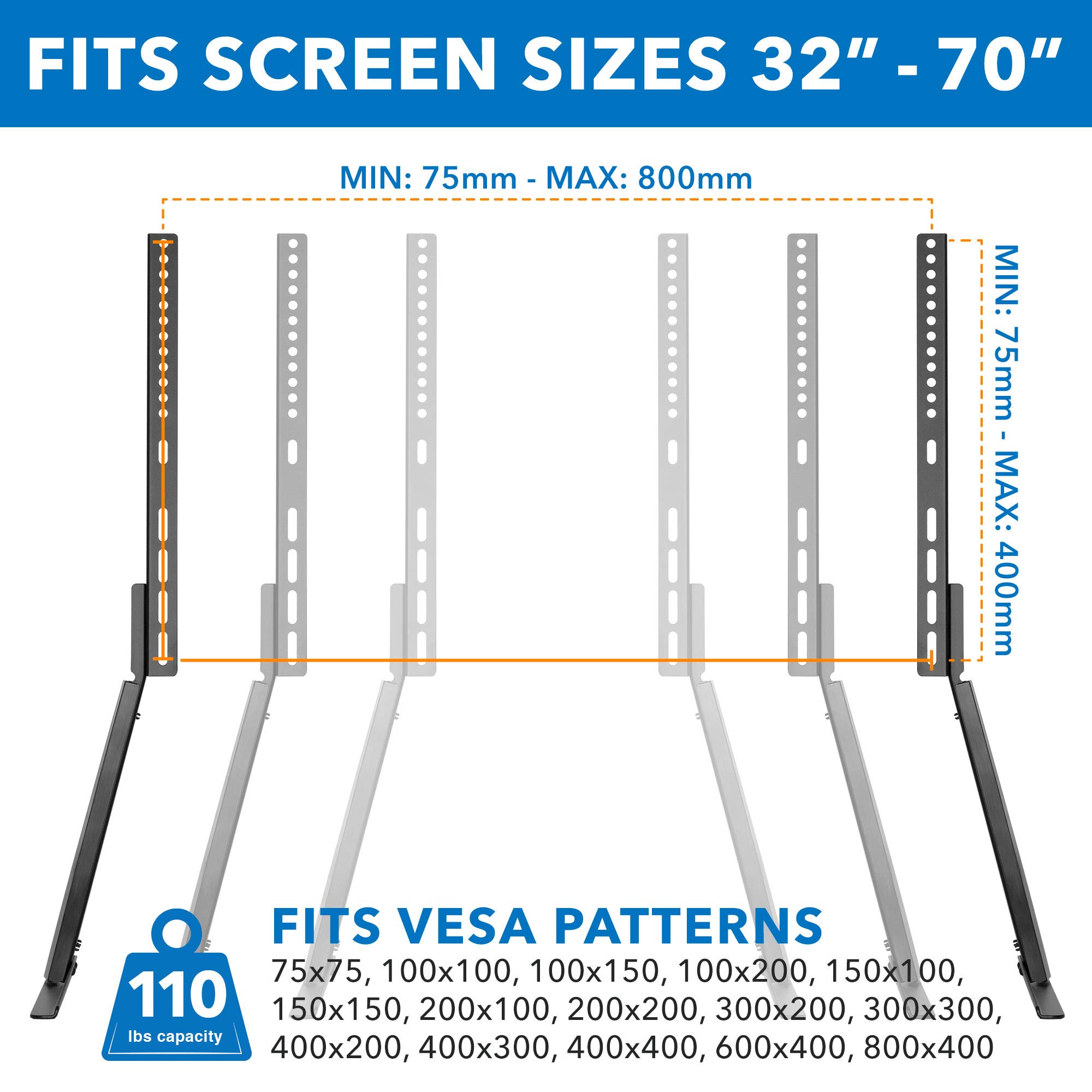 Mount-It! Tabletop TV Stand Base with Tilt Function, Universal TV Base Replacement with Height Adjustment, TV Legs Fits Most 32 to 70 inch Flat Screen TVs, VESA up to 800 by 400mm, 110 Lbs Capacity