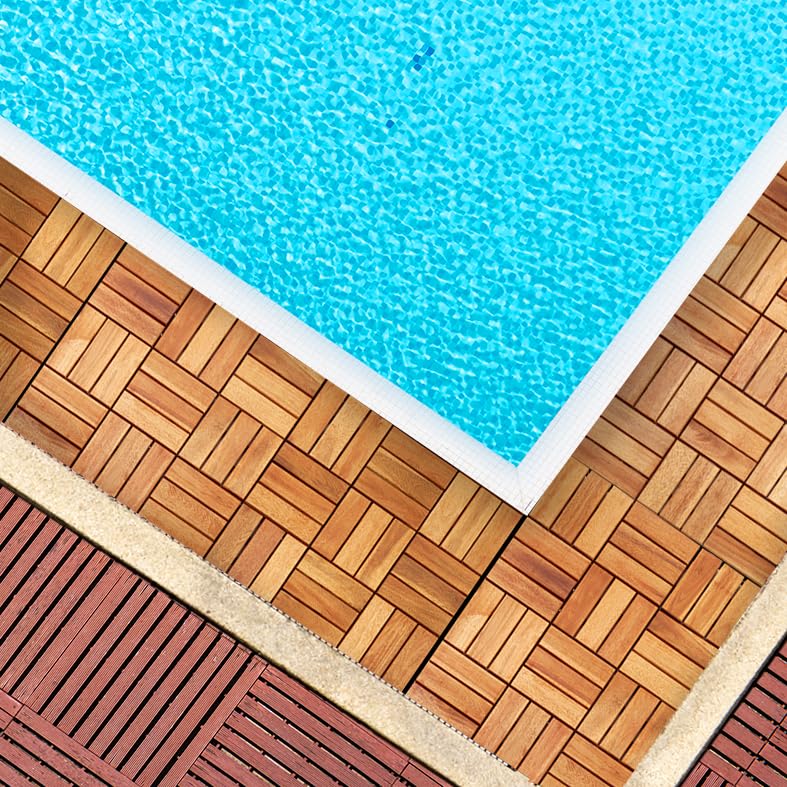 Acacia Deck Tiles (Pack of 10) - Hardwood Interlocking Patio Tiles, Outdoor Waterproof All Weather
