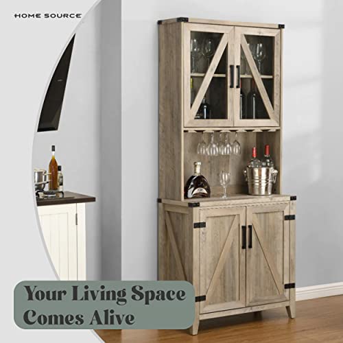 Home Source 72" Tall Wood Kitchen Storage cabinets with Doors, Transparent Glass Doors, Wine Cup Holder, Liquor Shelves Large Storage Pantry Pantry for Kitchen, Bar, Living Room