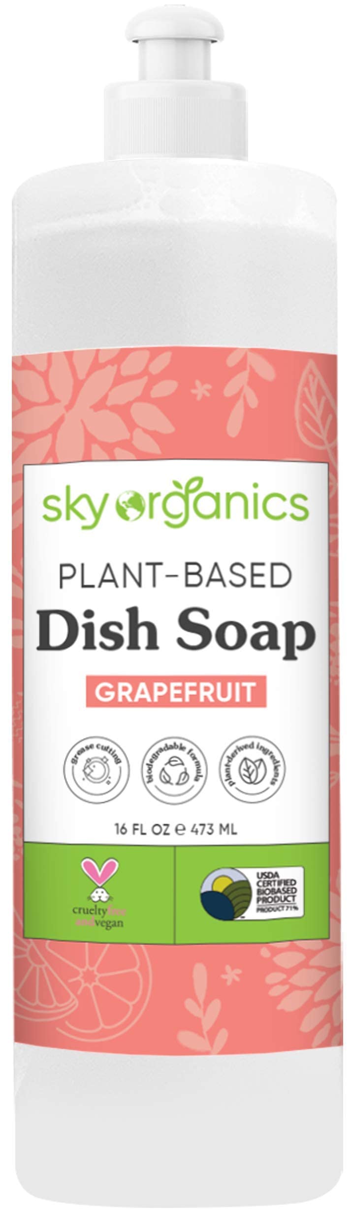 Sky Organics Plant-Based Grapefruit Dish Soap, USDA Bio-Based, Non-Toxic Biodegradable Formula for Household Cleaning, 16 fl. Oz