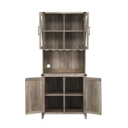 Home Source 72" Tall Wood Kitchen Storage cabinets with Doors, Transparent Glass Doors, Wine Cup Holder, Liquor Shelves Large Storage Pantry Pantry for Kitchen, Bar, Living Room