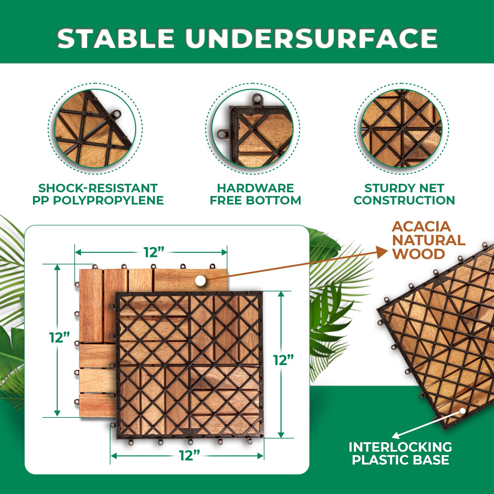 Acacia Deck Tiles (Pack of 10) - Hardwood Interlocking Patio Tiles, Outdoor Waterproof All Weather