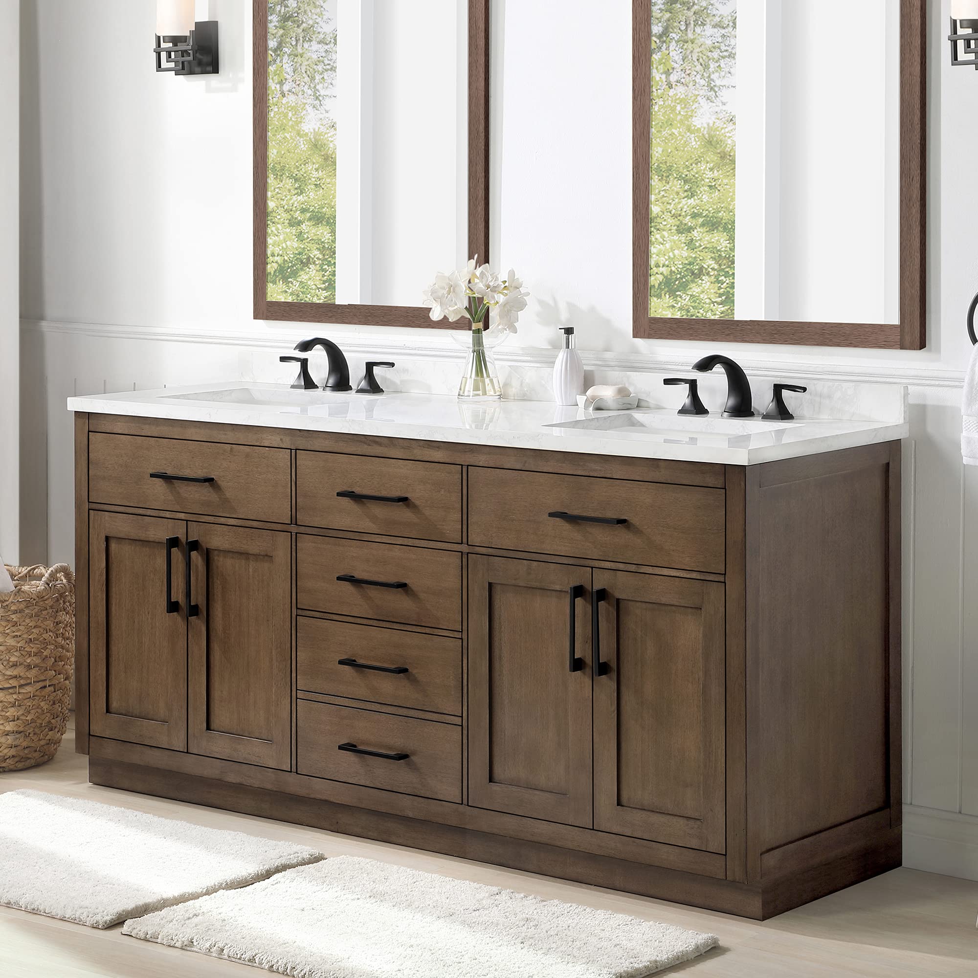 OVE Decors Maya Plus 72 in. Double Sink Bathroom Vanity in Almond Latte Finish, Black Hardware and Included Power Bar