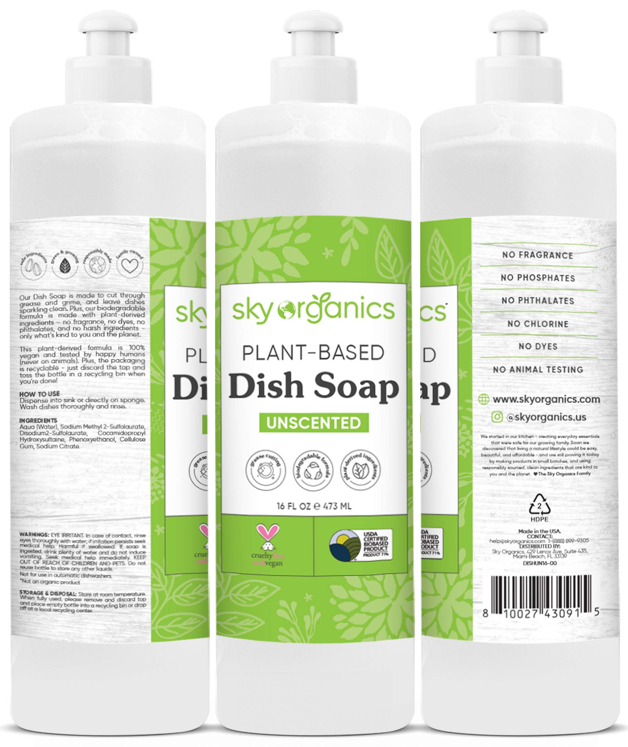 Dish Soap by Sky Organics (16 fl oz x 2 Pack) USDA Bio-Based Unscented Plant-Based Liquid Grease Cutting Soap, Cruelty-Free, Biodegradable Formula