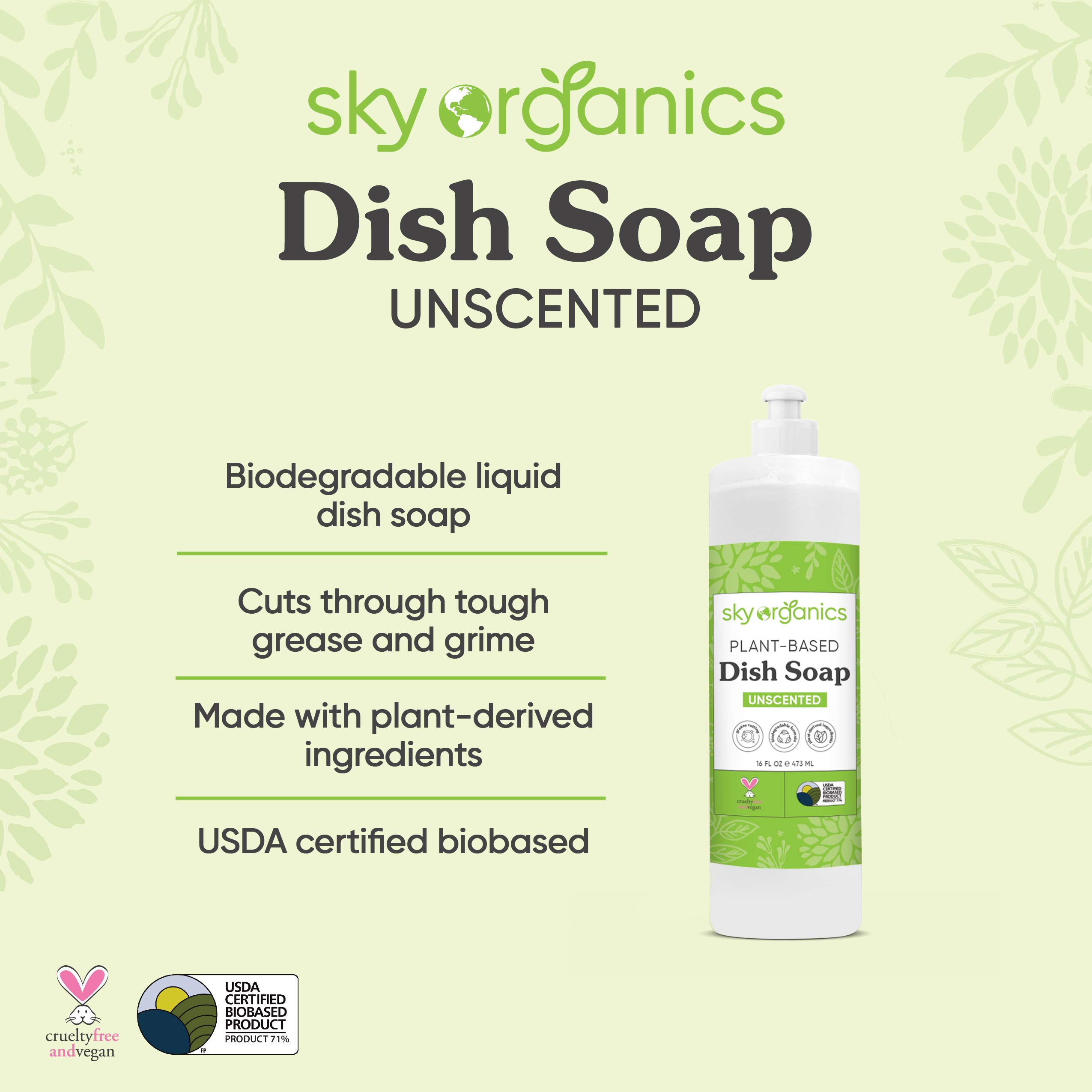 Dish Soap by Sky Organics (16 fl oz x 2 Pack) USDA Bio-Based Unscented Plant-Based Liquid Grease Cutting Soap, Cruelty-Free, Biodegradable Formula