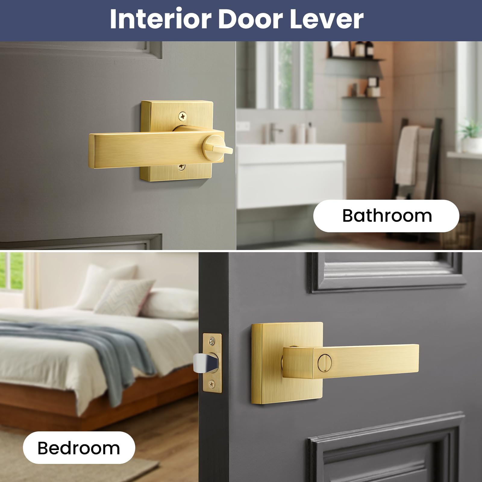 EHOMEWARE 6 Pack Gold Door Knobs Interior Brass Door Handles in Satin Brass Finish, Privacy Function for Bedroom Bathroom, Heavy Duty Gold Door Handles Levers with Modern Design