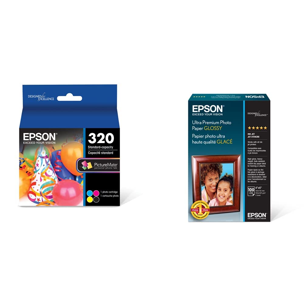 Epson T320 PictureMate Color Cartridge Ink & Ultra Premium Photo Paper Glossy - S042174, 4" x 6" (100 Sheets),White