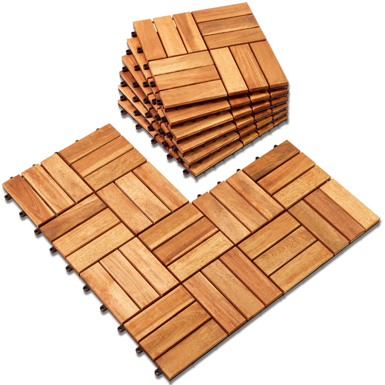 Acacia Deck Tiles (Pack of 10) - Hardwood Interlocking Patio Tiles, Outdoor Waterproof All Weather