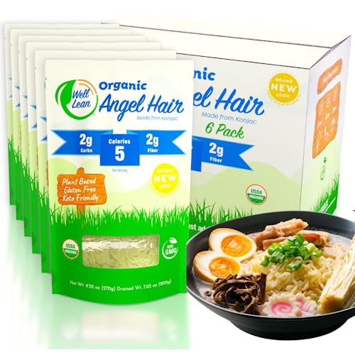 Well Lean Angel Hair — USDA Organic, Low Carb, Low Calorie Konjac Pasta — Ready to Eat and Healthy — Plant Based, Soy Free, Vegan, Paleo and Keto Friendly (6 Pack)