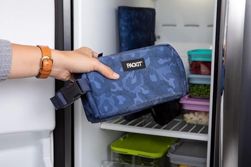 PackIt Freezable Snack Box, Heather Leopard Navy, Built with EcoFreeze Technology, Collapsible, Reusable, Zip Closure with Buckle Handle, Fresh Snacks on the go