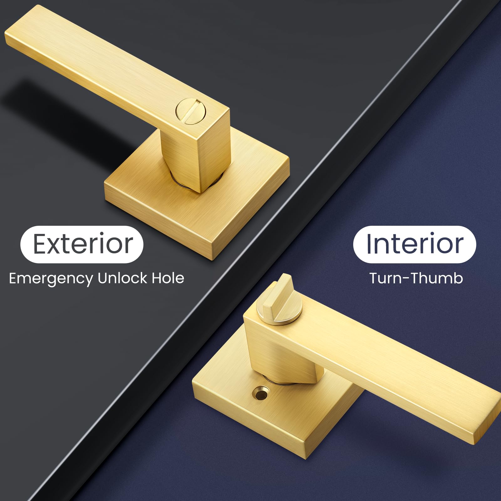 EHOMEWARE 6 Pack Gold Door Knobs Interior Brass Door Handles in Satin Brass Finish, Privacy Function for Bedroom Bathroom, Heavy Duty Gold Door Handles Levers with Modern Design