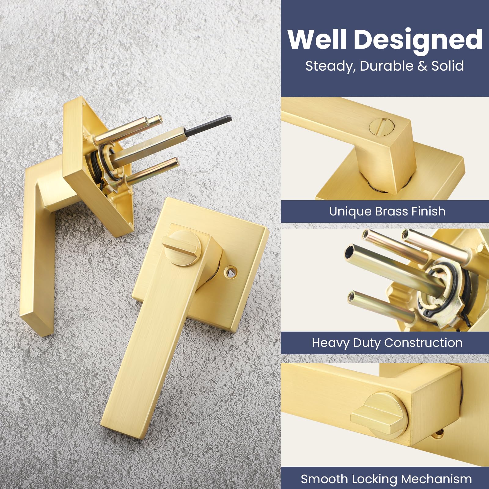 EHOMEWARE 6 Pack Gold Door Knobs Interior Brass Door Handles in Satin Brass Finish, Privacy Function for Bedroom Bathroom, Heavy Duty Gold Door Handles Levers with Modern Design