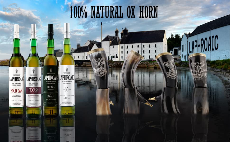 Genuine 12" Ox-Horn Viking Drinking Horn with Horn Stand, Thor Engraved Viking's Drink Cup - Food Safe Medieval Norse Style Horn
