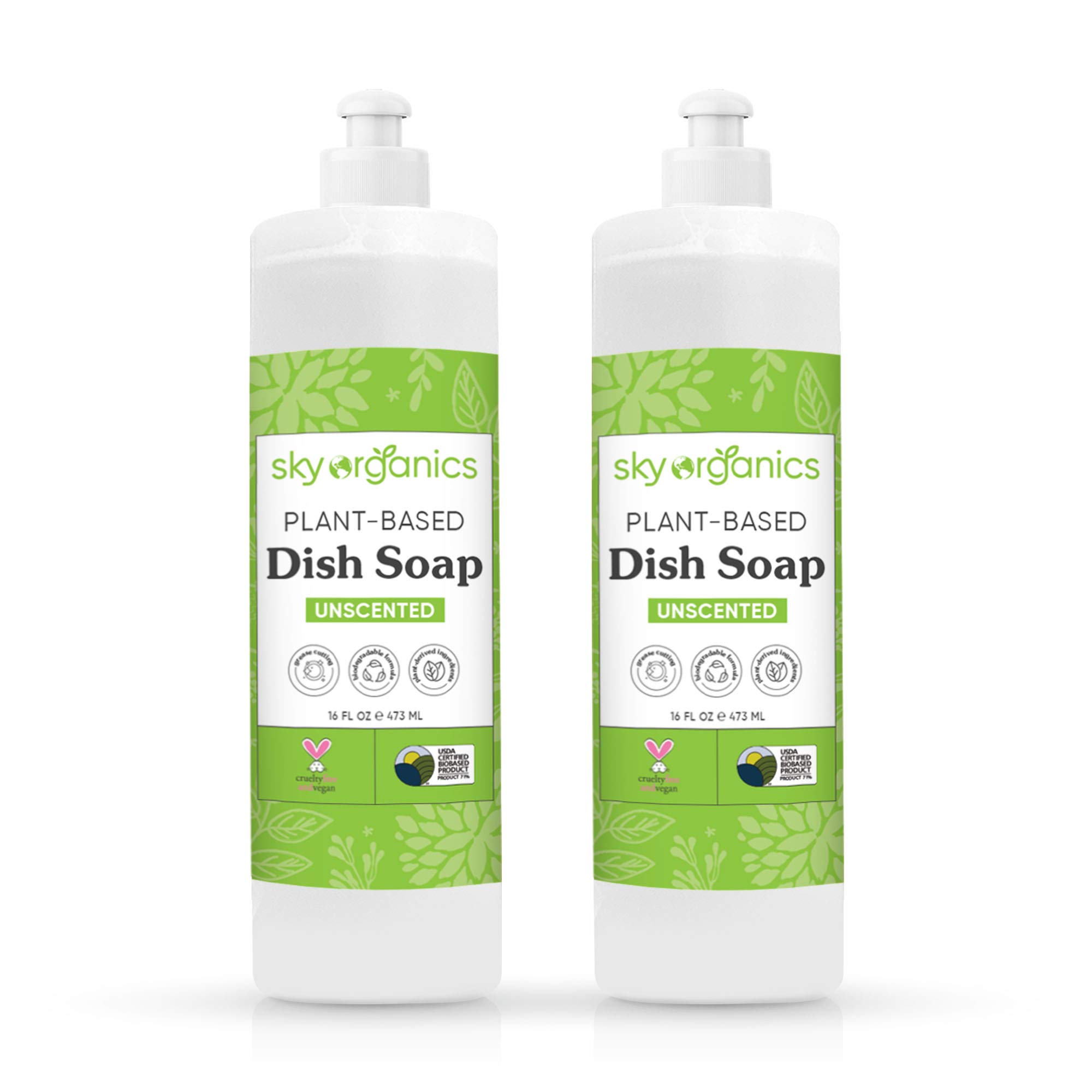 Dish Soap by Sky Organics (16 fl oz x 2 Pack) USDA Bio-Based Unscented Plant-Based Liquid Grease Cutting Soap, Cruelty-Free, Biodegradable Formula