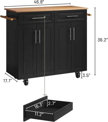 Kitchen Islands with Storage, Kitchen Carts and Islands Rolling Kitchen Island Storage Cabinets on Wheels with Drawers, Towel Rack and Shelves in Dining Room, Black