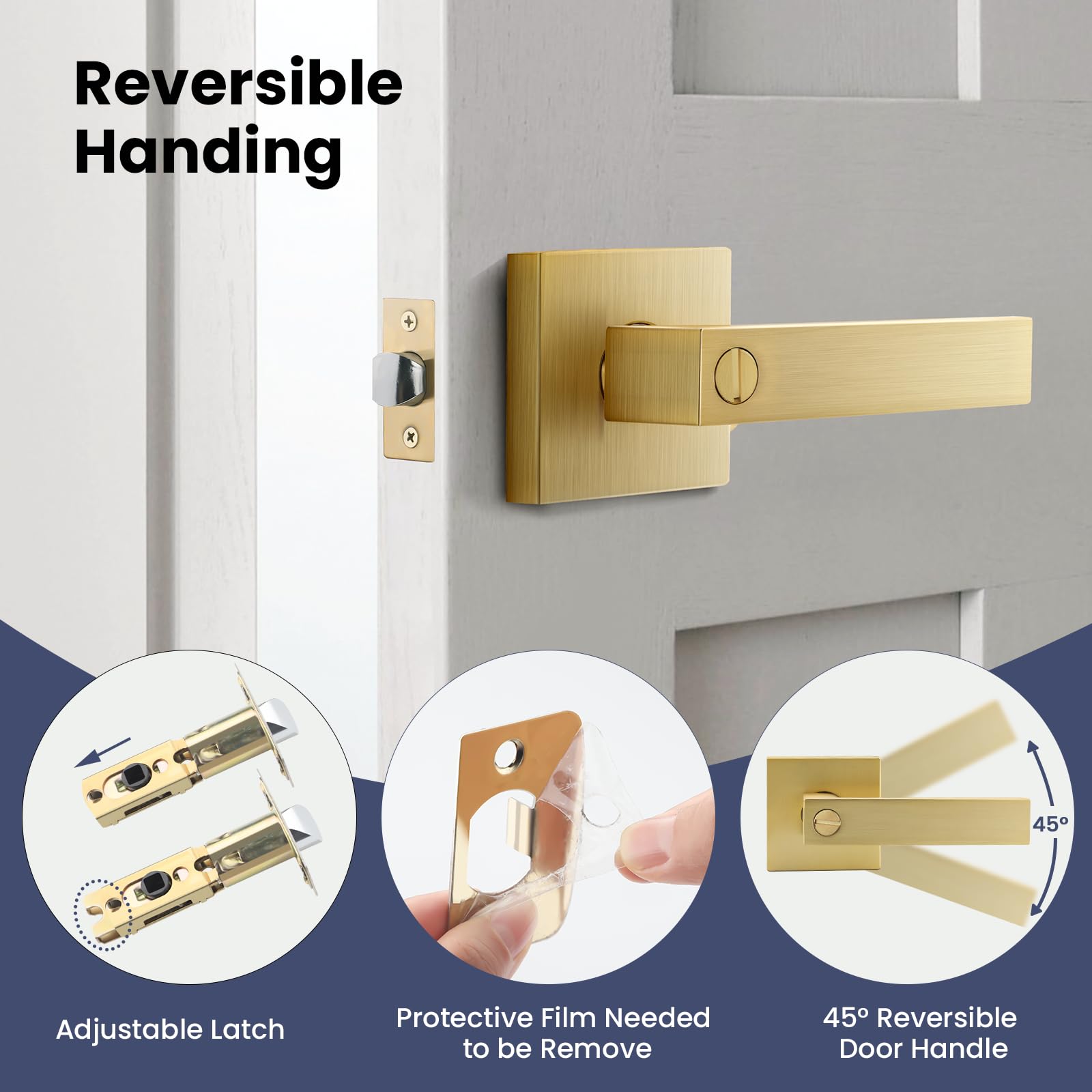 EHOMEWARE 6 Pack Gold Door Knobs Interior Brass Door Handles in Satin Brass Finish, Privacy Function for Bedroom Bathroom, Heavy Duty Gold Door Handles Levers with Modern Design