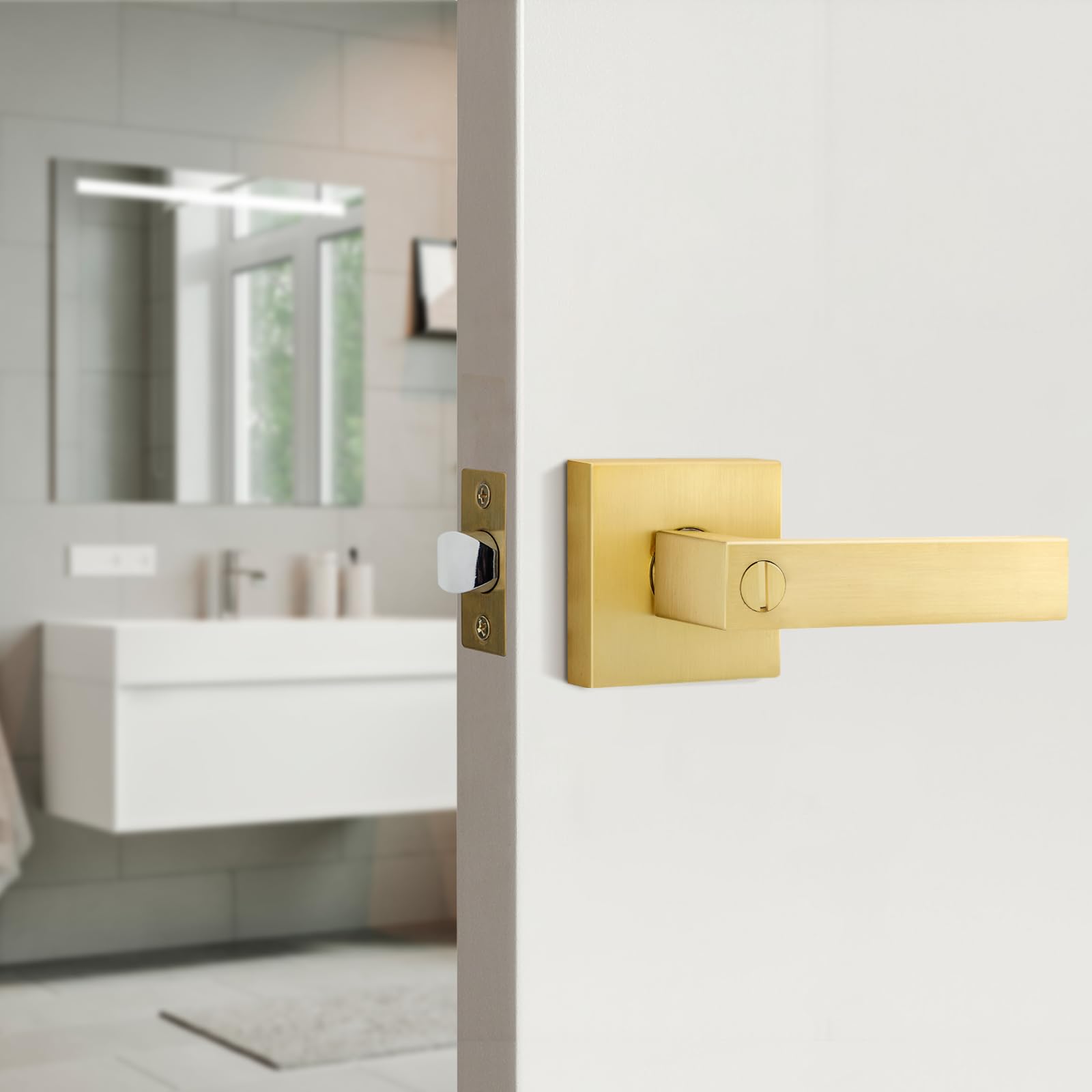 EHOMEWARE 6 Pack Gold Door Knobs Interior Brass Door Handles in Satin Brass Finish, Privacy Function for Bedroom Bathroom, Heavy Duty Gold Door Handles Levers with Modern Design
