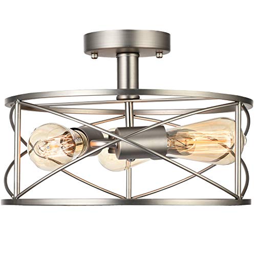 Capslpad Industrial Semi-Flush Mount Ceiling Light Vintage Close to Ceiling Lamp 3-Light Farmhouse Retro Metal Cage Ceiling Light Fixture for Bedroom Kitchen Foyer Hallway (Brushed Nickel)