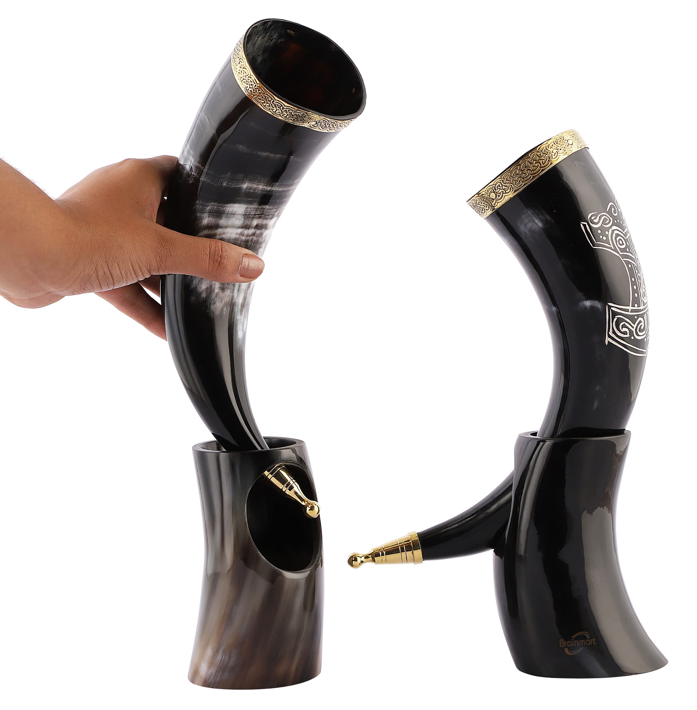 Genuine 12" Ox-Horn Viking Drinking Horn with Horn Stand, Thor Engraved Viking's Drink Cup - Food Safe Medieval Norse Style Horn