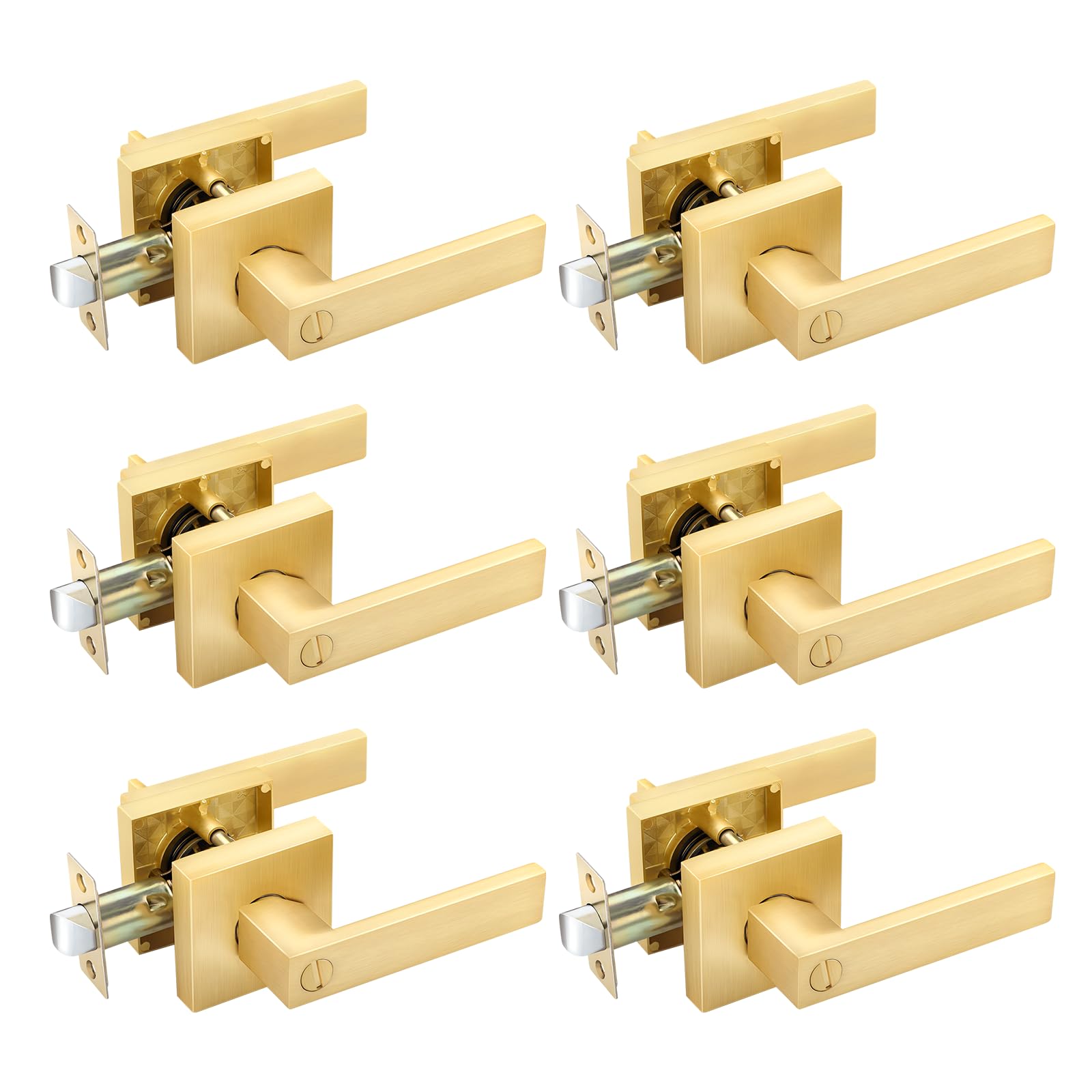EHOMEWARE 6 Pack Gold Door Knobs Interior Brass Door Handles in Satin Brass Finish, Privacy Function for Bedroom Bathroom, Heavy Duty Gold Door Handles Levers with Modern Design