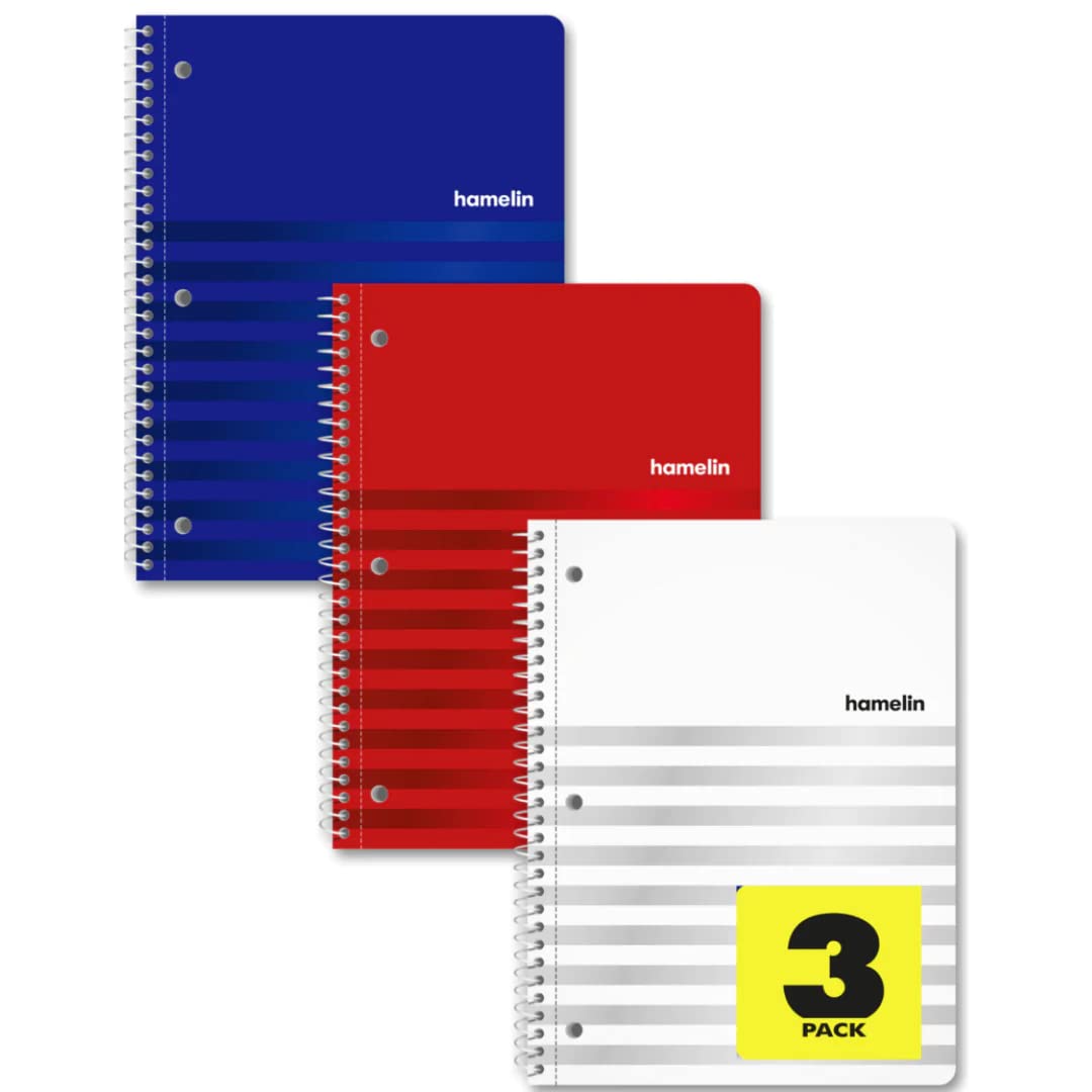 Hamelin, Spiral Notebooks College Ruled, 70 sheets, 8"x10" Assorted Colors, Value Pack 3