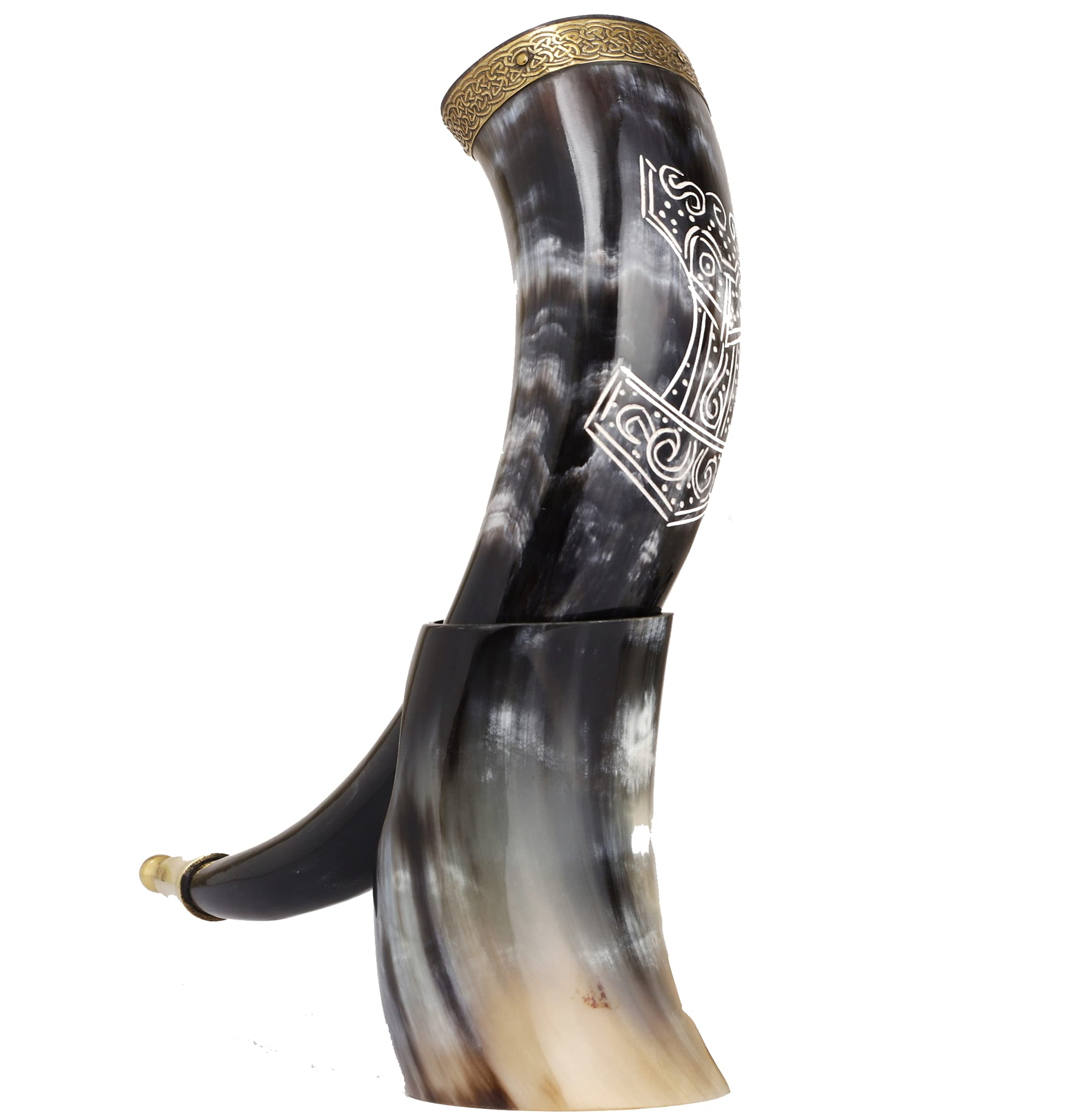 Genuine 12" Ox-Horn Viking Drinking Horn with Horn Stand, Thor Engraved Viking's Drink Cup - Food Safe Medieval Norse Style Horn