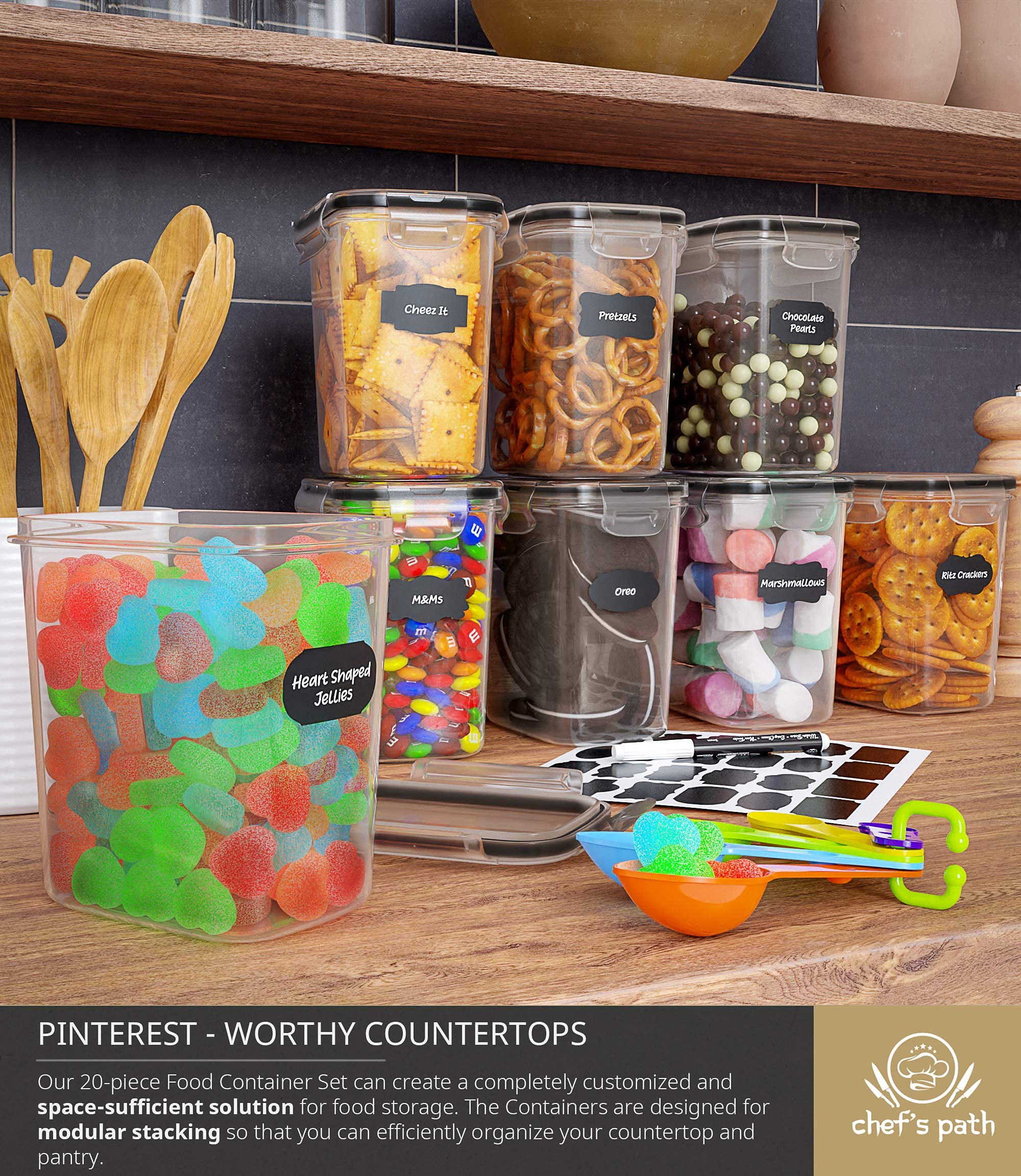Chef's Path Airtight Plastic Food Containers with Lids - 20 Pack (1.6 Liter Each) - Durable Kitchen and Pantry Storage for Cereal, Rice, Pasta, Sugar - Airtight Food Storage Containers