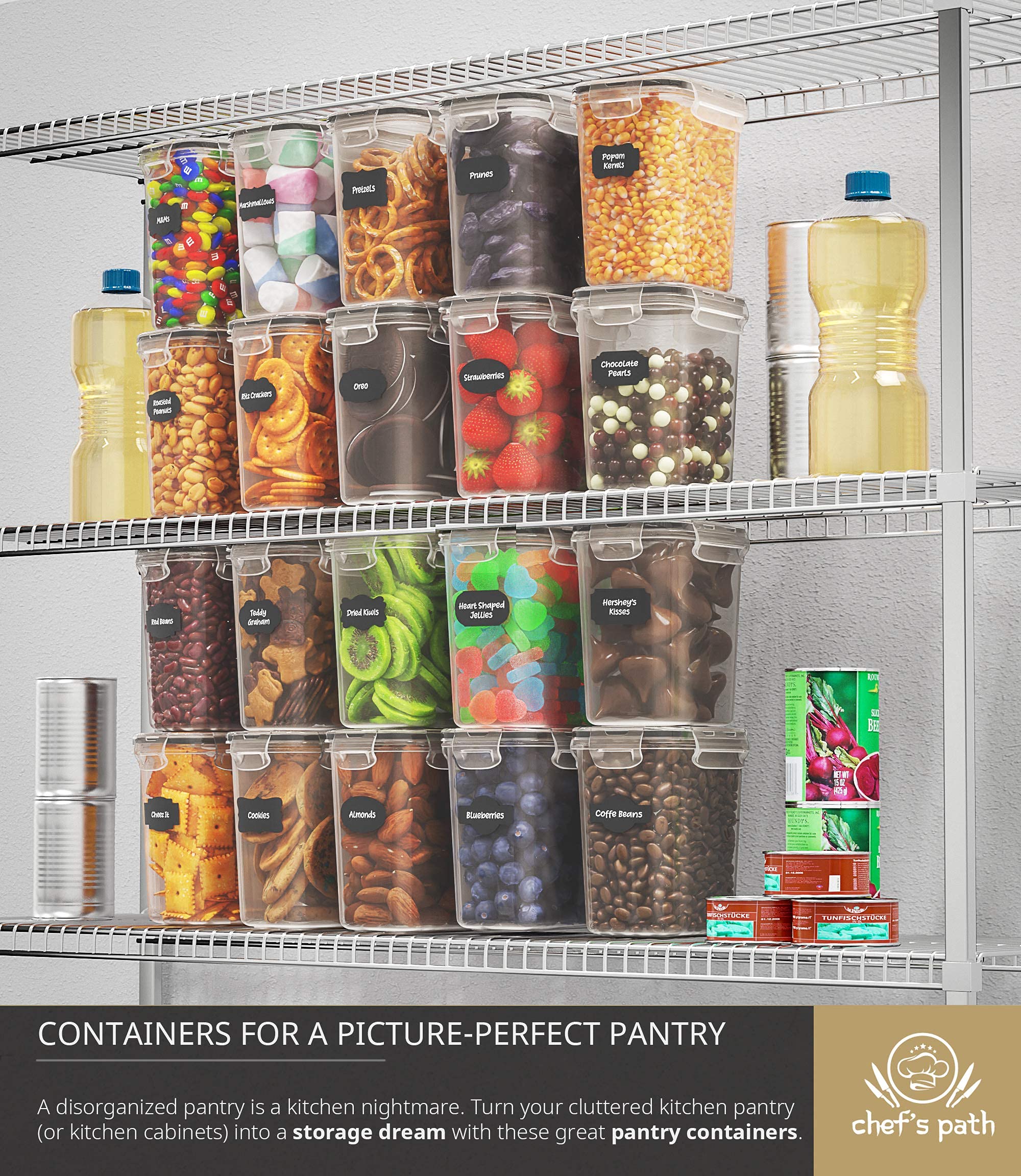 Chef's Path Airtight Plastic Food Containers with Lids - 20 Pack (1.6 Liter Each) - Durable Kitchen and Pantry Storage for Cereal, Rice, Pasta, Sugar - Airtight Food Storage Containers