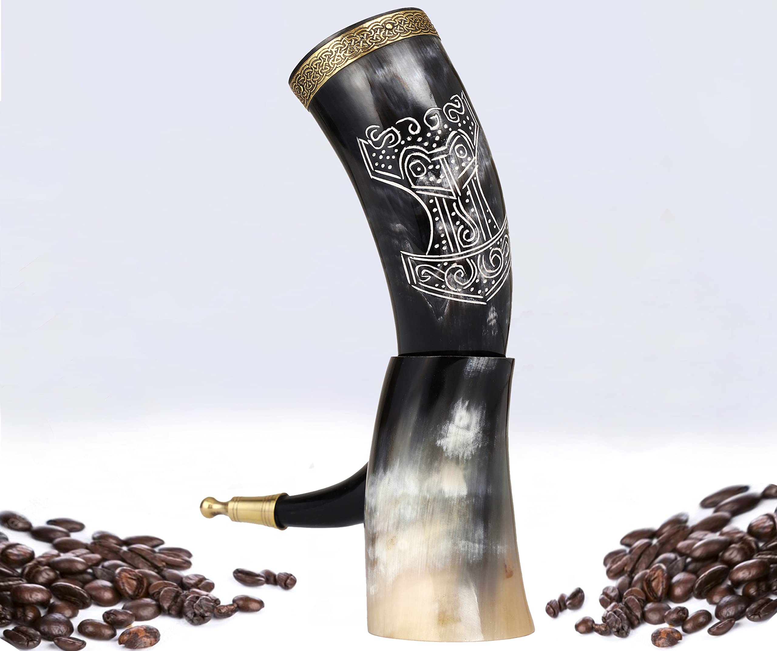 Genuine 12" Ox-Horn Viking Drinking Horn with Horn Stand, Thor Engraved Viking's Drink Cup - Food Safe Medieval Norse Style Horn
