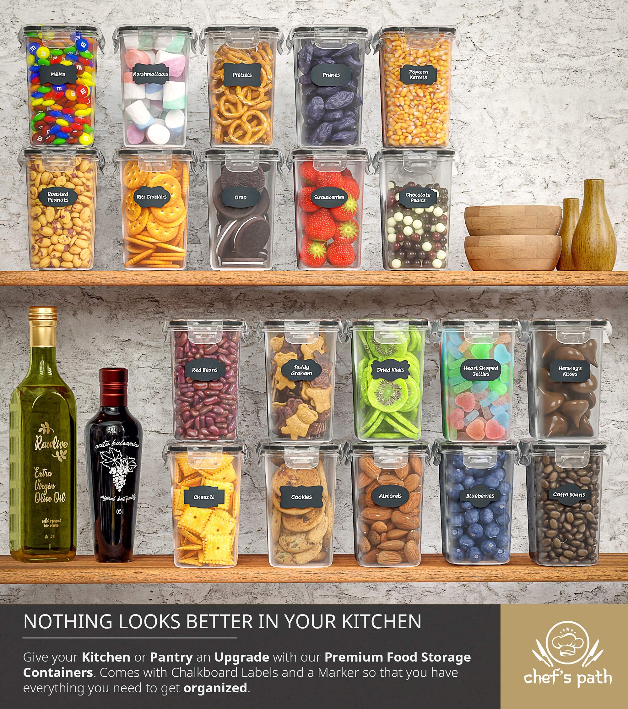 Chef's Path Airtight Plastic Food Containers with Lids - 20 Pack (1.6 Liter Each) - Durable Kitchen and Pantry Storage for Cereal, Rice, Pasta, Sugar - Airtight Food Storage Containers