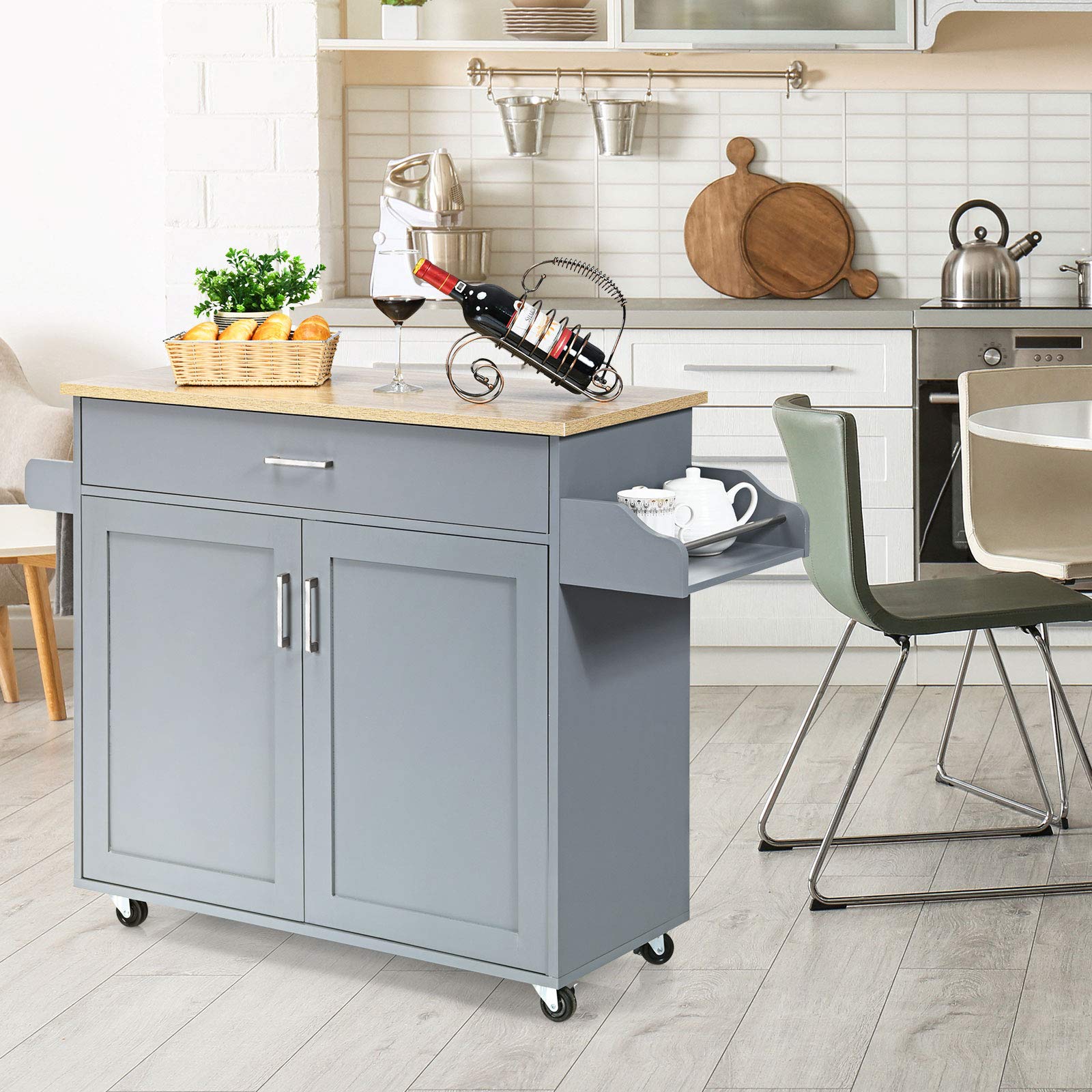 Giantex Kitchen Island, Rolling Kitchen Cart with Spice and Towel Rack, Large Drawer & 2-Door Storage Cabinet, Home Service Cart on Lockable Wheels, Wood Kitchen Trolley, Spacious Tabletop (Gray)