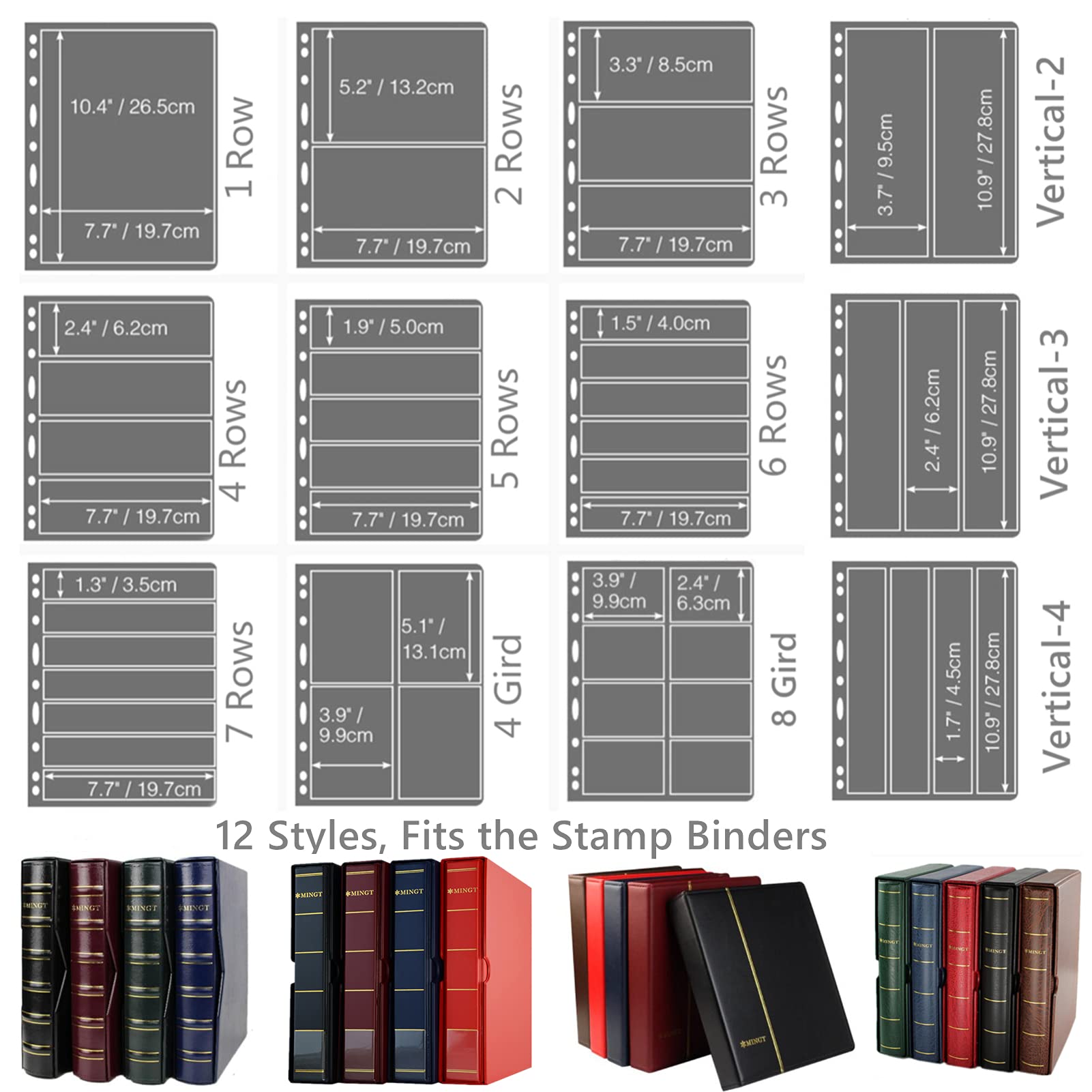 MUDOR Vario Stamp Pages for Stamp Album Binder, 10 Sheet (20 Page) 1 Row Pages for Stamp Collectors, Professional Pack (1 Row)