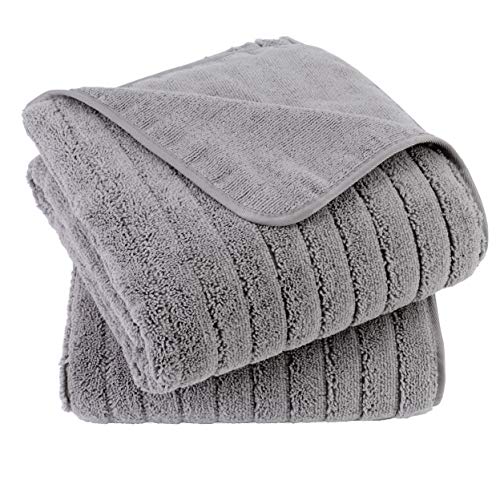 POLYTE Microfiber Oversize Quick Dry Lint Free Bath Towel, 60 x 30 in, Set of 2 (Gray, Ribbed Design)