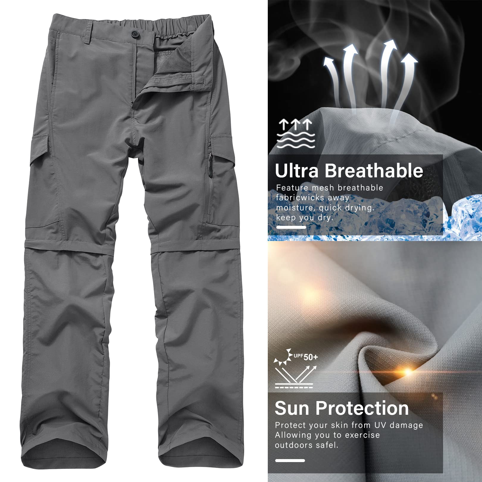 Mens Hiking Pants Quick Dry Lightweight Fishing Pants Convertible Zip Off Cargo Work Pants Trousers #6088,Grey,32