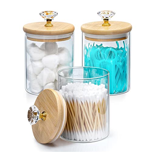 Bathroom Organizer with Bamboo Lids,Apothecary Jars Qtip Holder Storage Canister Clear Glass bathroom jars Cotton Ball Holder for Cotton Rounds,Pads, Floss,Cotton Swab(3 pieces)