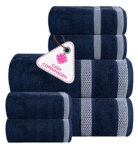 CASA COPENHAGEN Solitaire Designed in Denmark 600 GSM 2 Bath Towels 2 Hand Towels 2 Washcloths, Super Soft Egyptian Cotton 6 Towels Set for Bathroom, Kitchen & Shower - Navy Blue