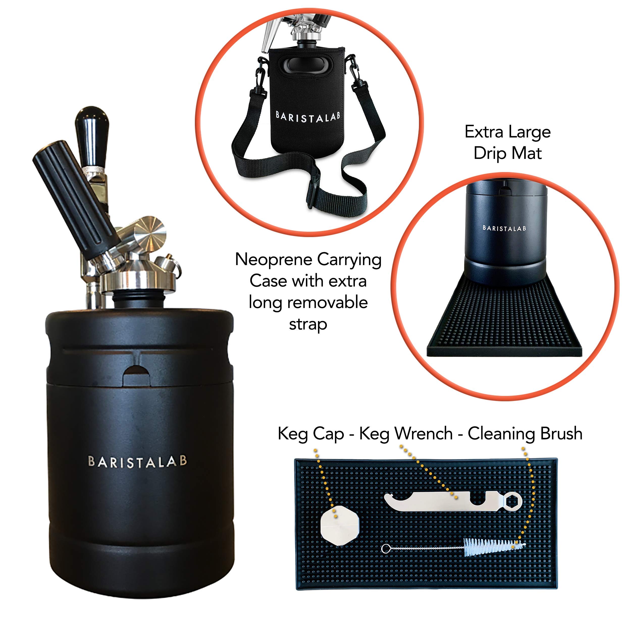 BARISTA LAB Nitro Cold Brew Coffee Maker | Portable Home Keg Kit (64 oz capacity Flat Matte Black) Comes with Drip Mat and Carrying Case