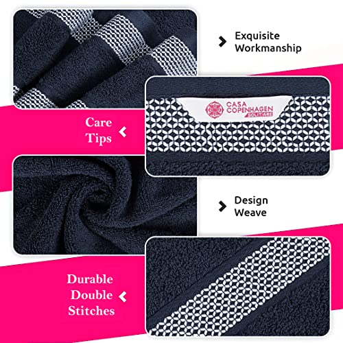CASA COPENHAGEN Solitaire Designed in Denmark 600 GSM 2 Bath Towels 2 Hand Towels 2 Washcloths, Super Soft Egyptian Cotton 6 Towels Set for Bathroom, Kitchen & Shower - Navy Blue
