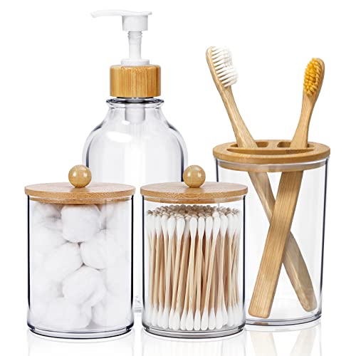 SGHUO Bamboo Bathroom Accessories Sets of 4, Soap Dispenser, 2 Qtip Holder Jars, Toothbrush Holder, Bathroom, Boho Decor