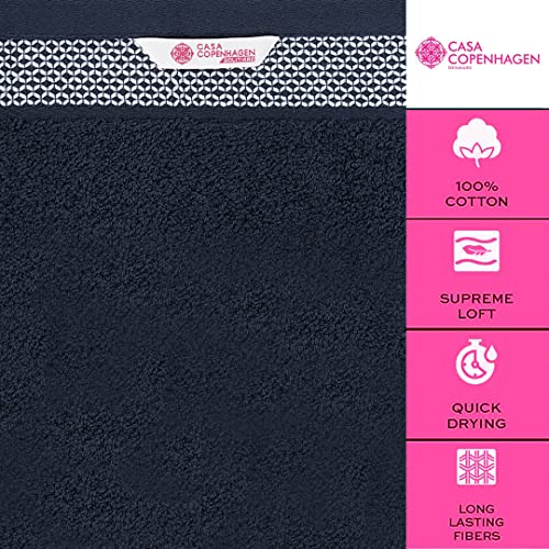 CASA COPENHAGEN Solitaire Designed in Denmark 600 GSM 2 Bath Towels 2 Hand Towels 2 Washcloths, Super Soft Egyptian Cotton 6 Towels Set for Bathroom, Kitchen & Shower - Navy Blue