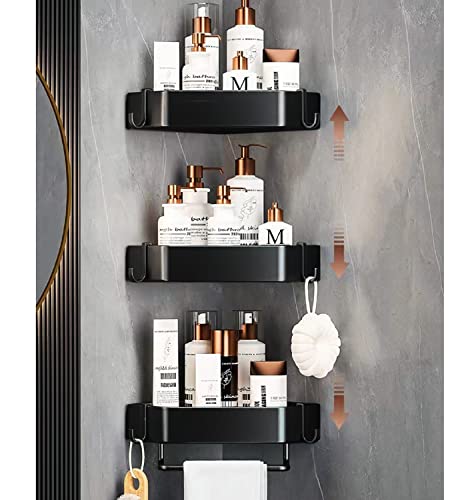 3-Tier Corner Shower Caddy,Bathroom Corner Shelves, Stainless Steel No-drilling Bathroom Organizer,Shower Shampoo Organizer Storage Rack Holder for Toilet Accesso,6 Metal Hooks with Caps(Black)