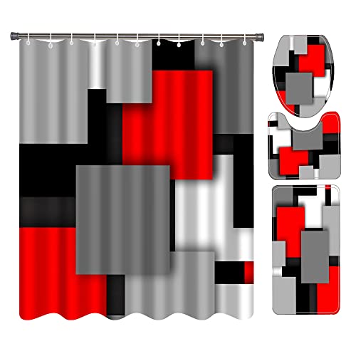 BIUSTAR 4 Piece Set Geometric Shower Curtain, Red Black Gray Bathroom Set with Shower Curtain, Rugs, Toilet Lid Cover,72 x 72 inch, Waterproof, 12 Hooks