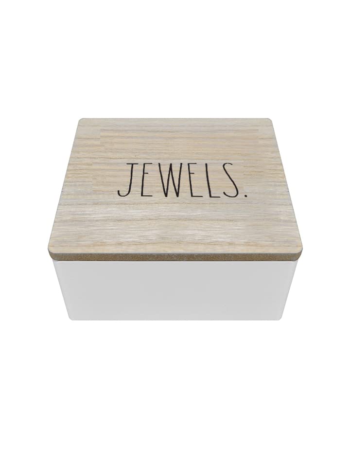 Rae Dunn White Jewelry Box with Natural Wood Lid - Wooden Jewelry Organizer Case for Earring, Necklace, Ring, Watch, Keepsake, Small Accessories - Bedroom Decor and Vanity Storage Organizers "Jewels"