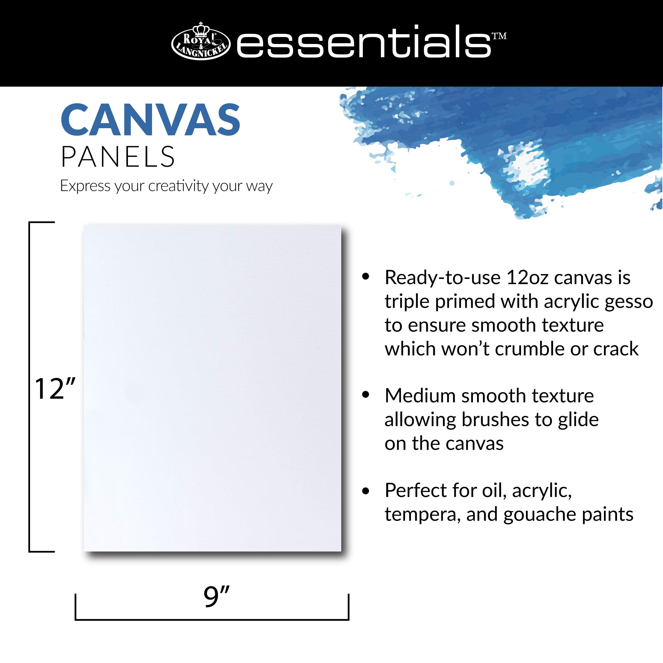 Royal & Langnickel Essentials 9x12 Triple Gessoed Canvas Panel Value Pack, for Oil and Acrylic Painting, 12 Pack