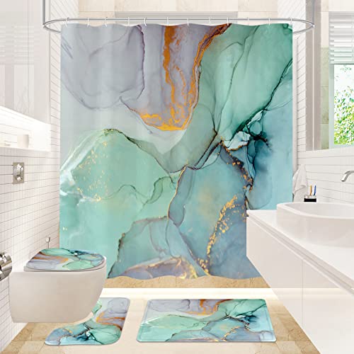 Gibelle 4 Pcs Bathroom Shower Curtain Set with Non-Slip Rugs, Toilet Lid Cover and Bath Mat, Green Marble Bathroom Decor Set with Shower Curtain and Rugs and Accessories