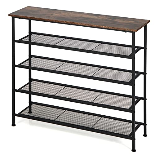 Giantex 5-Tier Shoe Rack, Industrial Adjustable Metal Shoe Storage Organizer w/ 4 Metal Mesh Shelves for 16-20 Pairs, Adjustable Feet, Heavy Duty Steel Frame, for Entryway, Hallway, Dorm, Rustic Brown