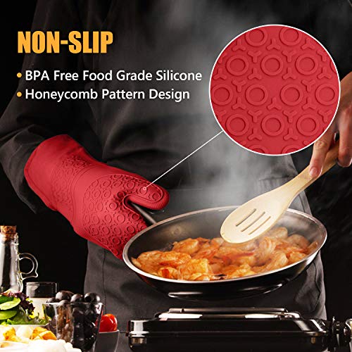 Rorecay Extra Long Oven Mitts and Pot Holders Sets: Heat Resistant Silicone Oven Mittens with Mini Oven Gloves and Hot Pads Potholders for Kitchen Baking Cooking, Quilted Liner, Red, Pack of 6