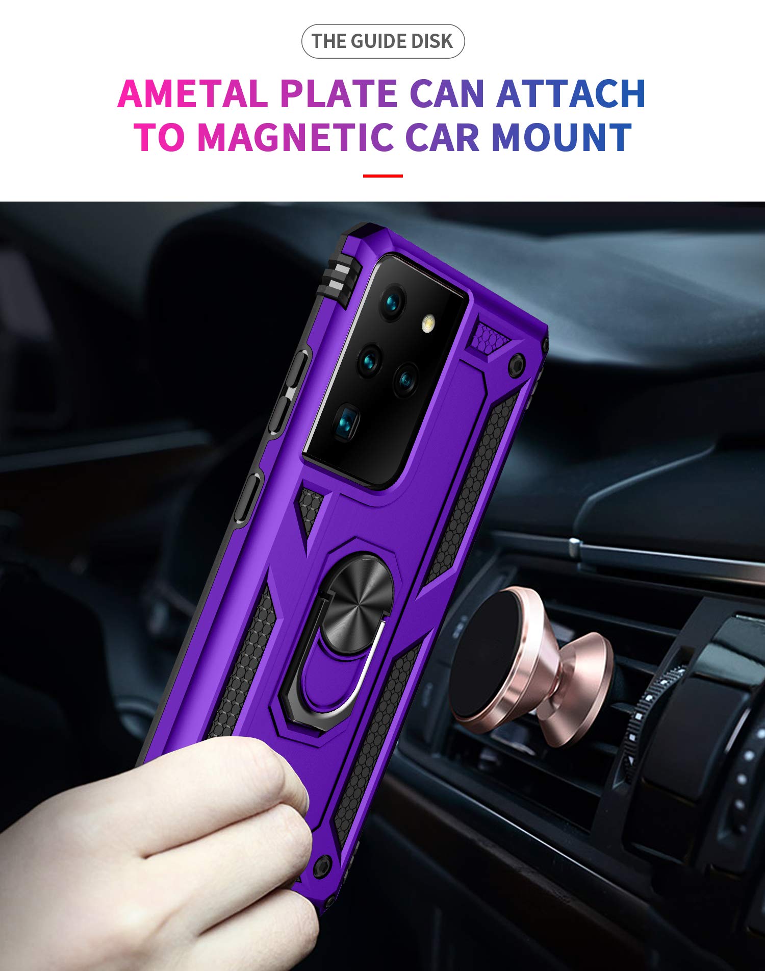 Androgate for Samsung Galaxy S21 Ultra 5G Case with HD Screen Protectors, Military-Grade Metal Ring Holder Kickstand 15ft Drop Tested Shockproof Cover Case for Samsung Galaxy S21 Ultra Purple